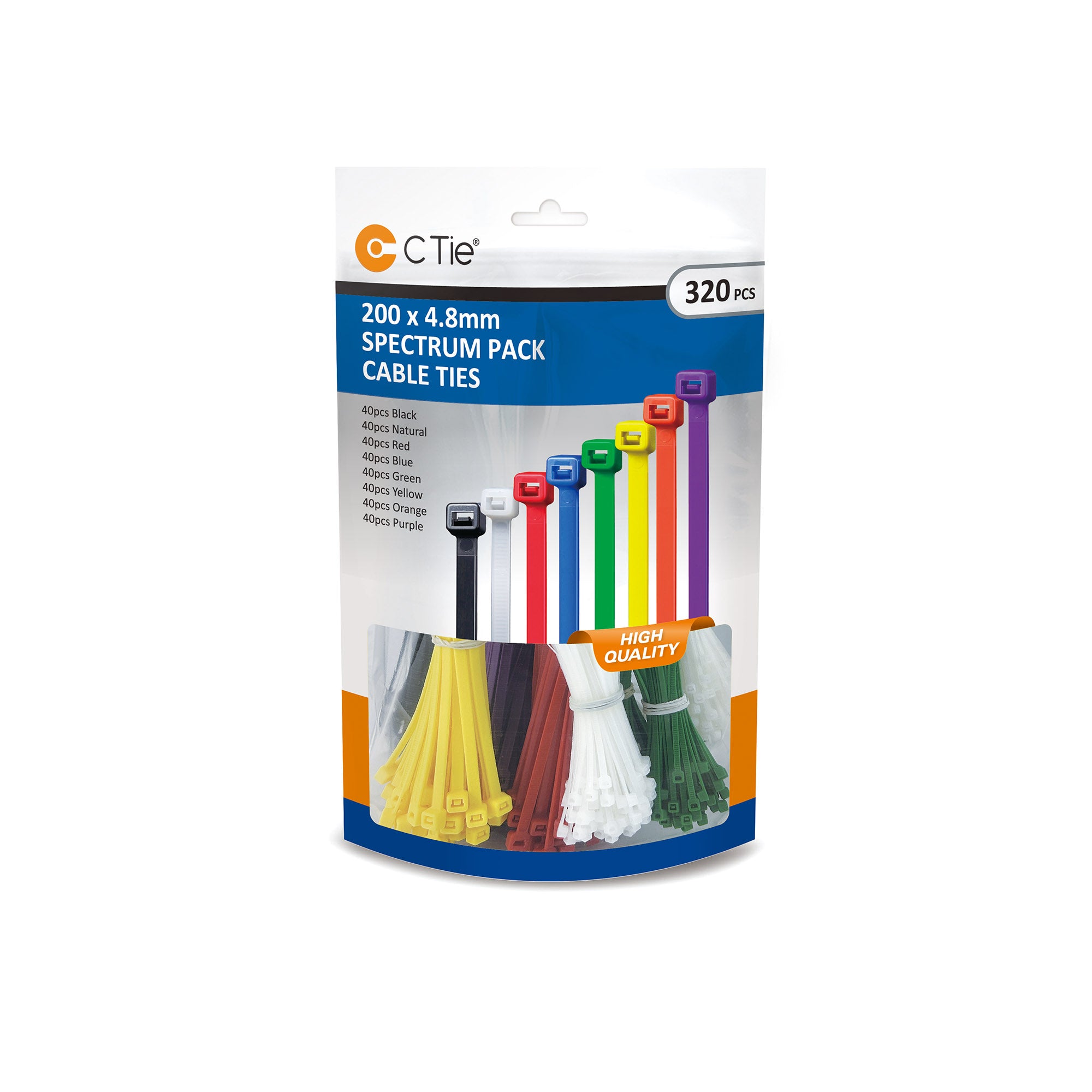 Assorted Cable Ties - 320pcs - 200 x 4.8mm - Multi Colour Spectrum Pac